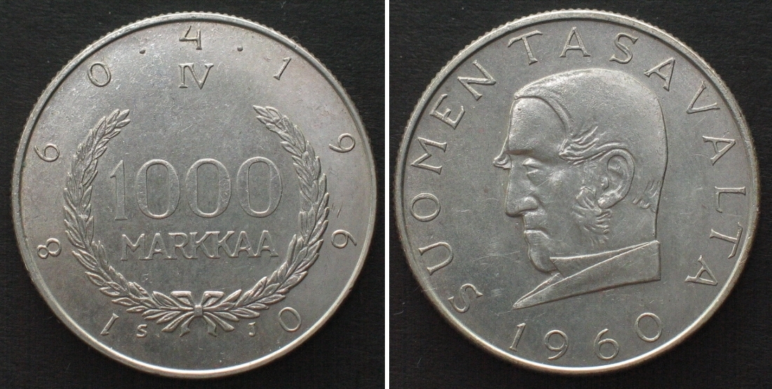 FINNLAND 1000 Markkaa 1960, 100 JAHRE FINNISCHES GELD Silber ...