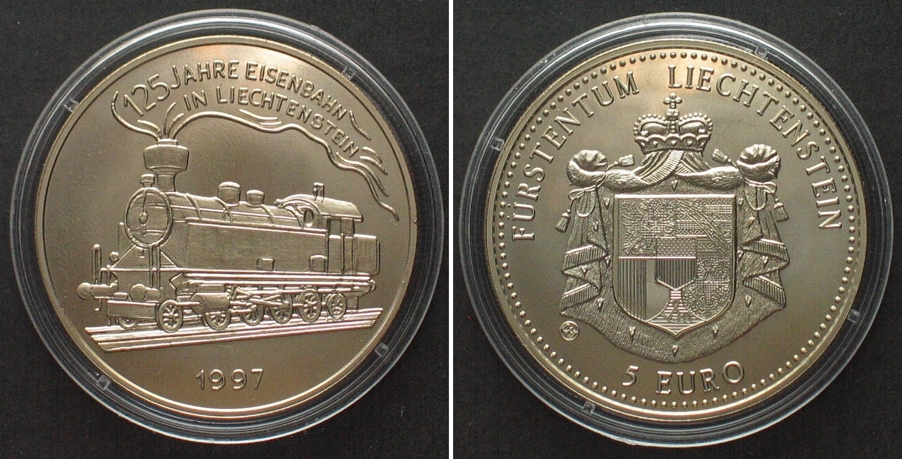 LIECHTENSTEIN 5 Euro 1997, 125 JAHRE EISENBAHN Ku-Ni stgl | MA-Shops