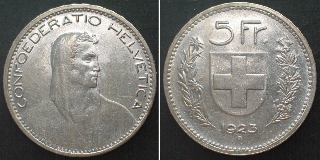 Schweiz EIDGENOSSENSCHAFT 5 Franken 1923 B ALPHIRTE Silber ERHALTUNG! unz- | MA-Shops