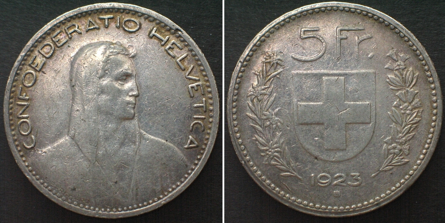 Schweiz EIDGENOSSENSCHAFT 5 Franken 1923 B ALPHIRTE Silber ERHALTUNG! vz | MA-Shops