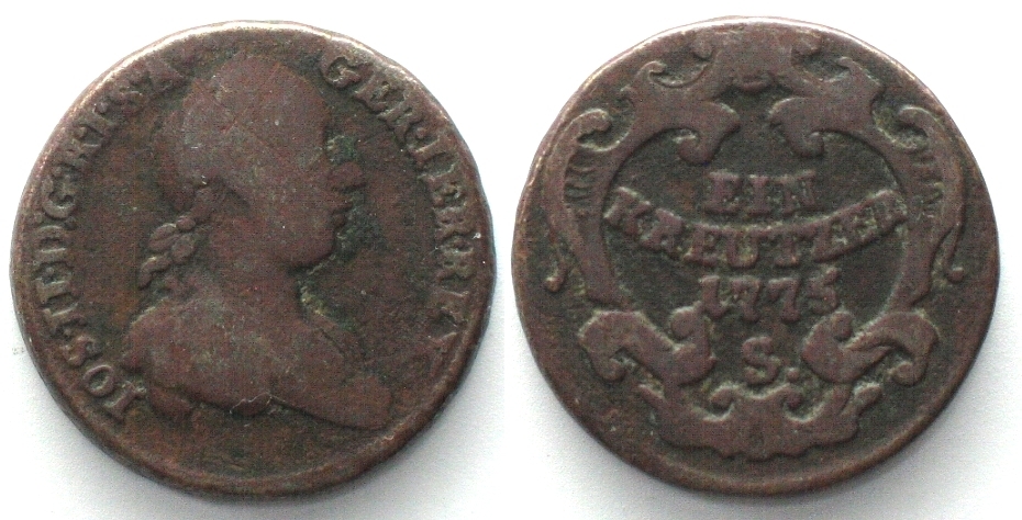 Haus Habsburg RDR Kreuzer 1775 S, Schmöllnitz, JOSEPH II. Kupfer ss ...