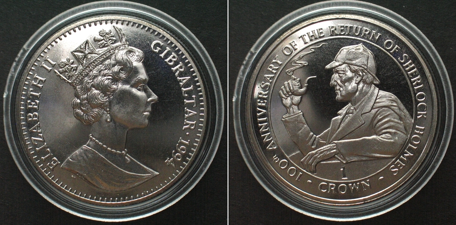 GIBRALTAR 1 Crown 1994 SHERLOCK HOLMES 100 JAHRE Ku-Ni stgl | MA-Shops