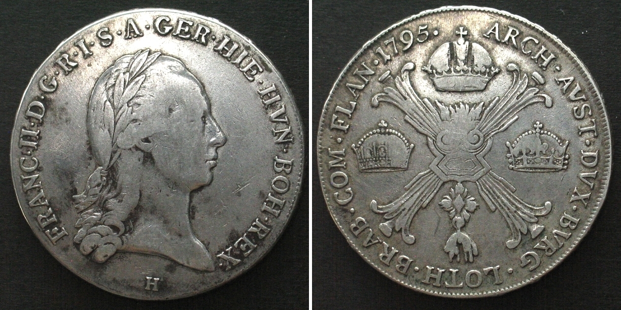 Haus Habsburg RDR - BELGIEN Kronentaler 1795 H Günzburg FRANZ II. Silber ss+ | MA-Shops