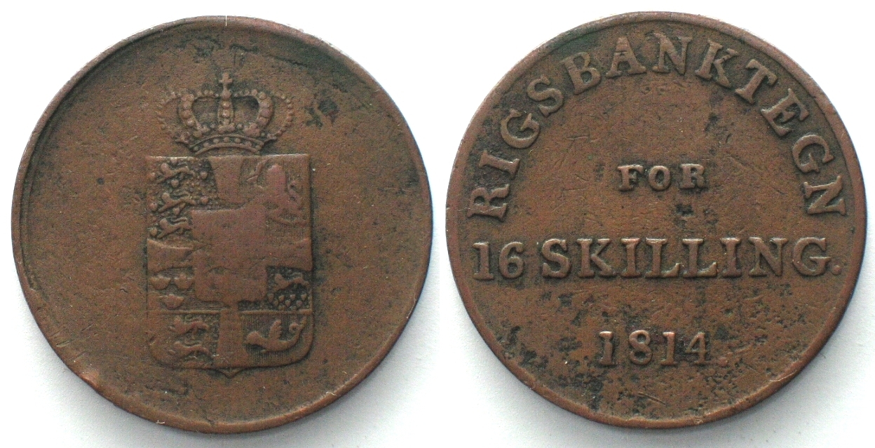 Dänemark DÄNEMARK 16 Skilling Rigsbanktegn 1814 FREDERIK VI. Kupfer ss ...