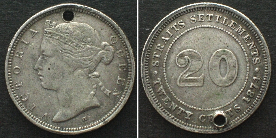 STRAITS SETTLEMENTS 20 Cents 1874 H, VICTORIA Silber RAR! vz | MA-Shops
