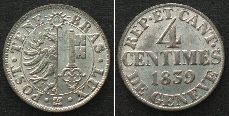 Schweiz - Genf GENEVE / GENF 4 Centimes 1839 Billon ERHALTUNG!!! unz ...