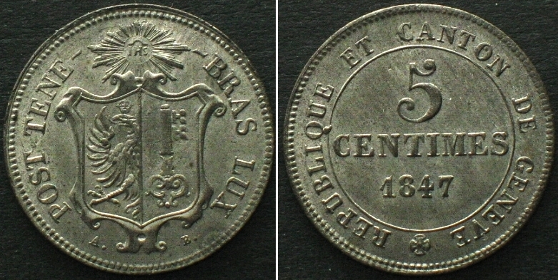 Schweiz - Genf GENEVE / GENF 5 Centimes 1847 Billon FDC, PRACHTSTÜCK ...