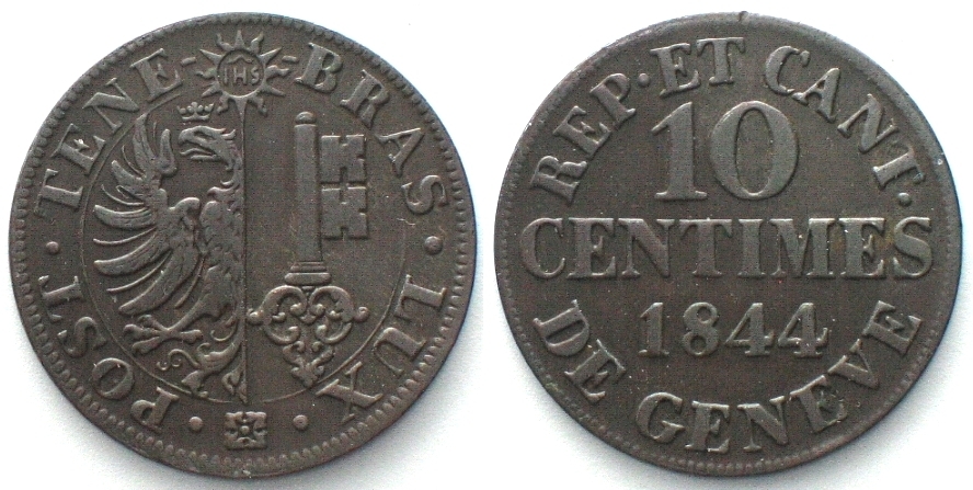 Schweiz - Genf GENEVE / GENF 10 Centimes 1844 Billon SELTENER JAHRGANG ...