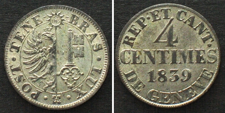 Schweiz - Genf GENEVE / GENF 4 Centimes 1839 Billon ERHALTUNG!!! unz ...