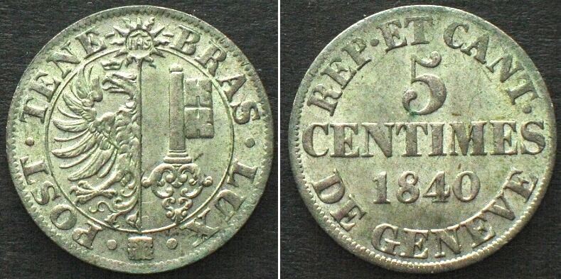 Schweiz - Genf GENEVE / GENF 5 Centimes 1840 Billon, FDC, PRACHTSTÜCK ...