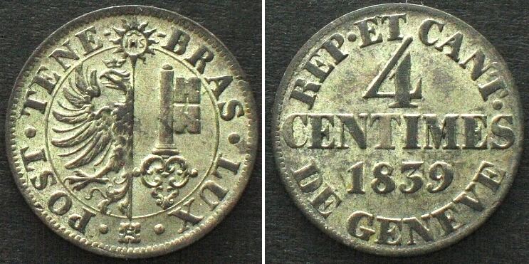 Schweiz - Genf GENEVE / GENF 4 Centimes 1839 Billon ERHALTUNG!!! unz ...