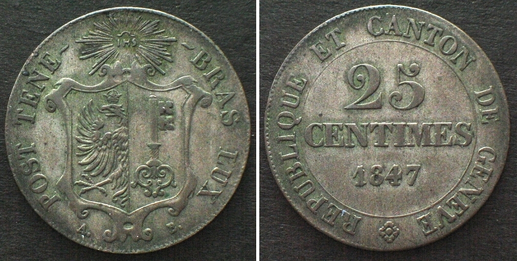 Schweiz - Genf GENEVE / GENF 25 Centimes 1847 Billon vz | MA-Shops