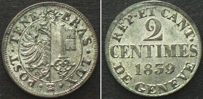 Schweiz - Genf GENEVE / GENF 2 Centimes 1839 Billon FDC, PRACHTSTÜCK ...