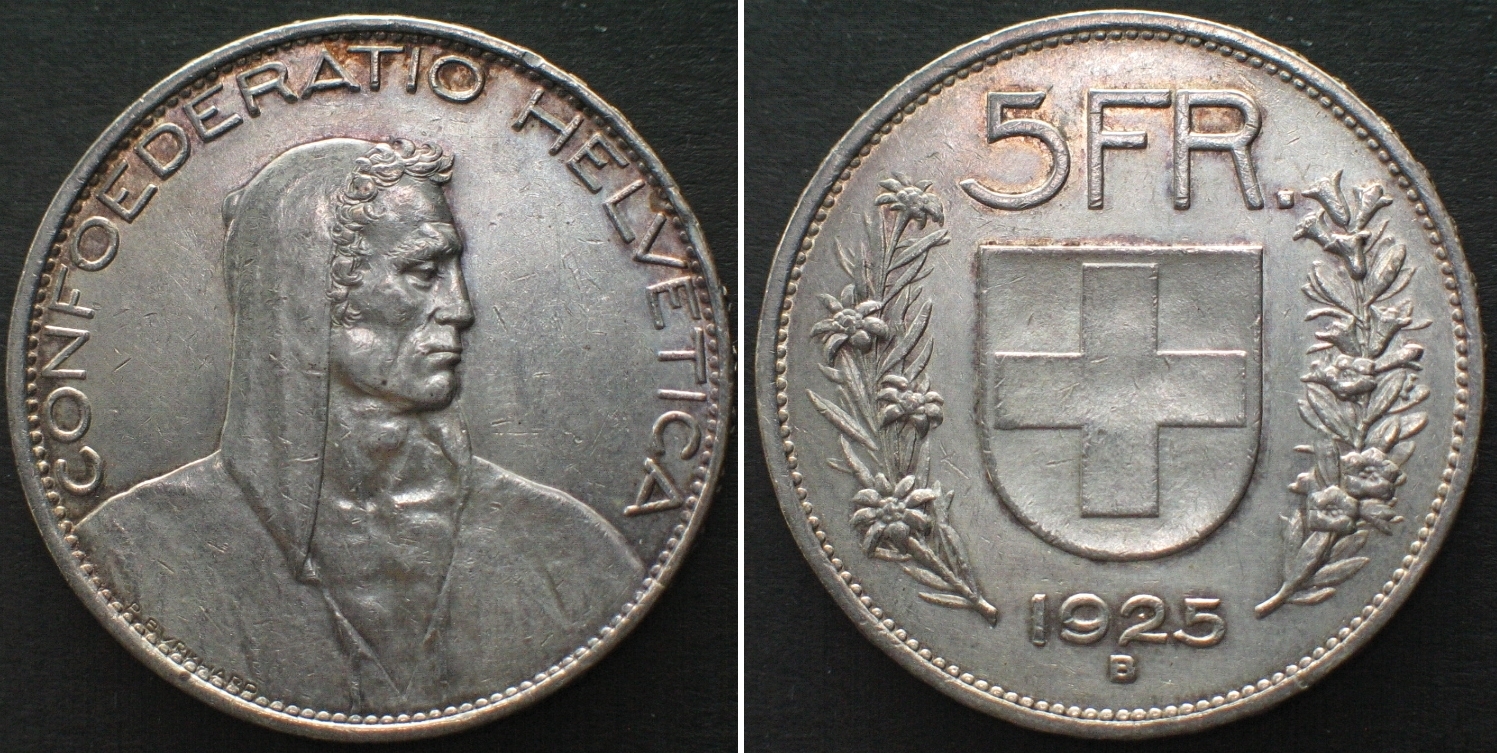 Schweiz EIDGENOSSENSCHAFT 5 Franken 1925 B ALPHIRTE Silber ERHALTUNG! unz- | MA-Shops
