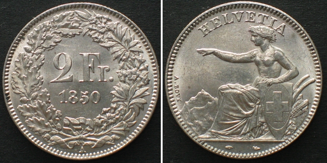 Schweiz EIDGENOSSENSCHAFT 2 Franken 1850 A, SITZENDE HELVETIA, Silber PRÄGEFRISCH! unz | MA-Shops