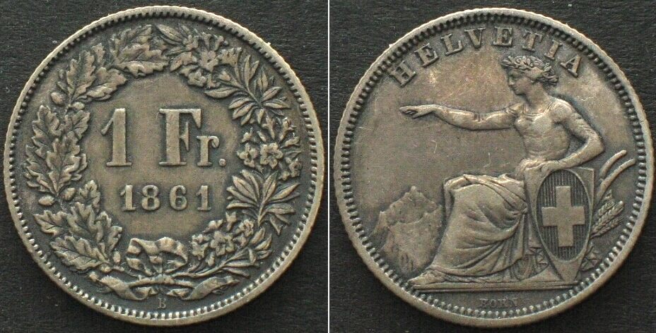 Schweiz EIDGENOSSENSCHAFT 1 Franken 1861 B, SITZENDE HELVETIA, Silber ERHALTUNG! vz | MA-Shops