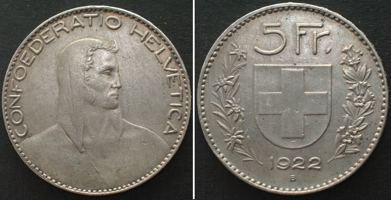Schweiz EIDGENOSSENSCHAFT 5 Franken 1922 B ALPHIRTE Silber ERHALTUNG! vz+ | MA-Shops