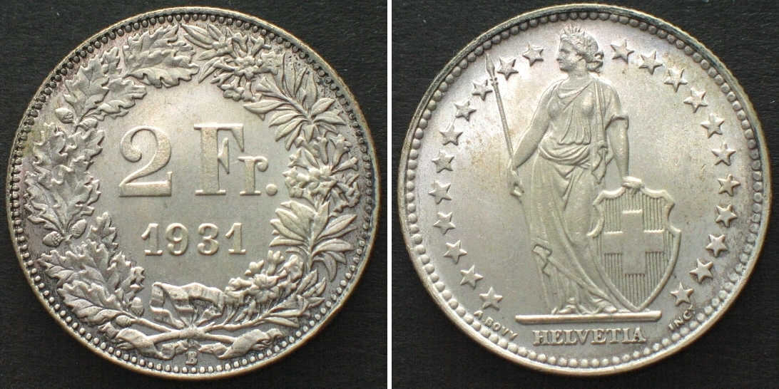 Schweiz EIDGENOSSENSCHAFT 2 Franken 1931 Silber ERSTABSCHLAG, RAR!!! EA | MA-Shops