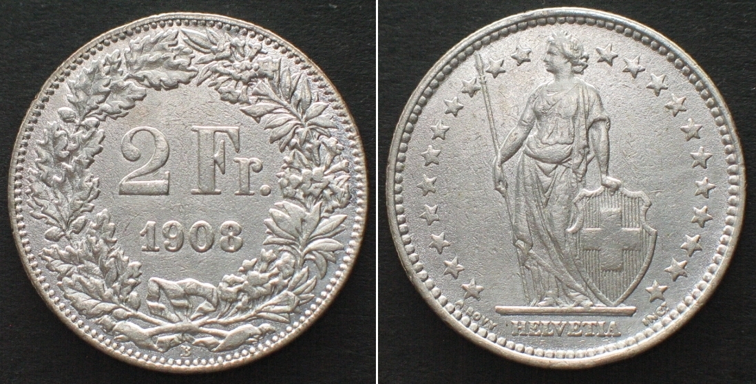 Schweiz EIDGENOSSENSCHAFT 2 Franken 1908 Silber ERHALTUNG! vz | MA-Shops