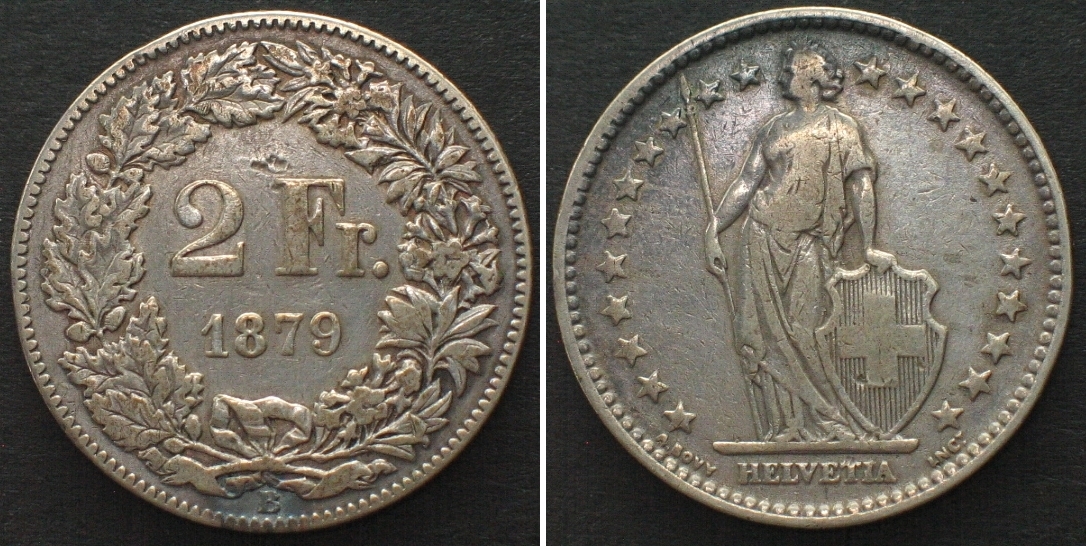 Schweiz EIDGENOSSENSCHAFT 2 Franken 1879 Silber SELTENER JAHRGANG! ss | MA-Shops