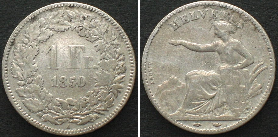 Schweiz EIDGENOSSENSCHAFT 1 Franken 1850 A, SITZENDE HELVETIA Silber SELTEN! ss | MA-Shops