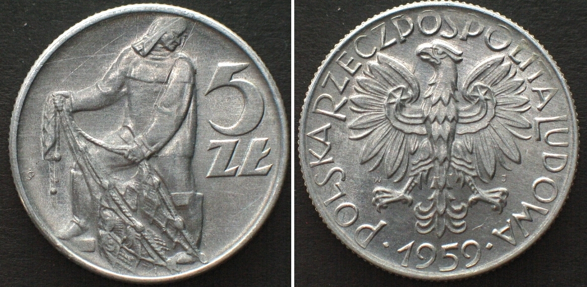 POLEN 5 Zlotych 1959 Fischer, Alu, ERHALTUNG! unz | MA-Shops