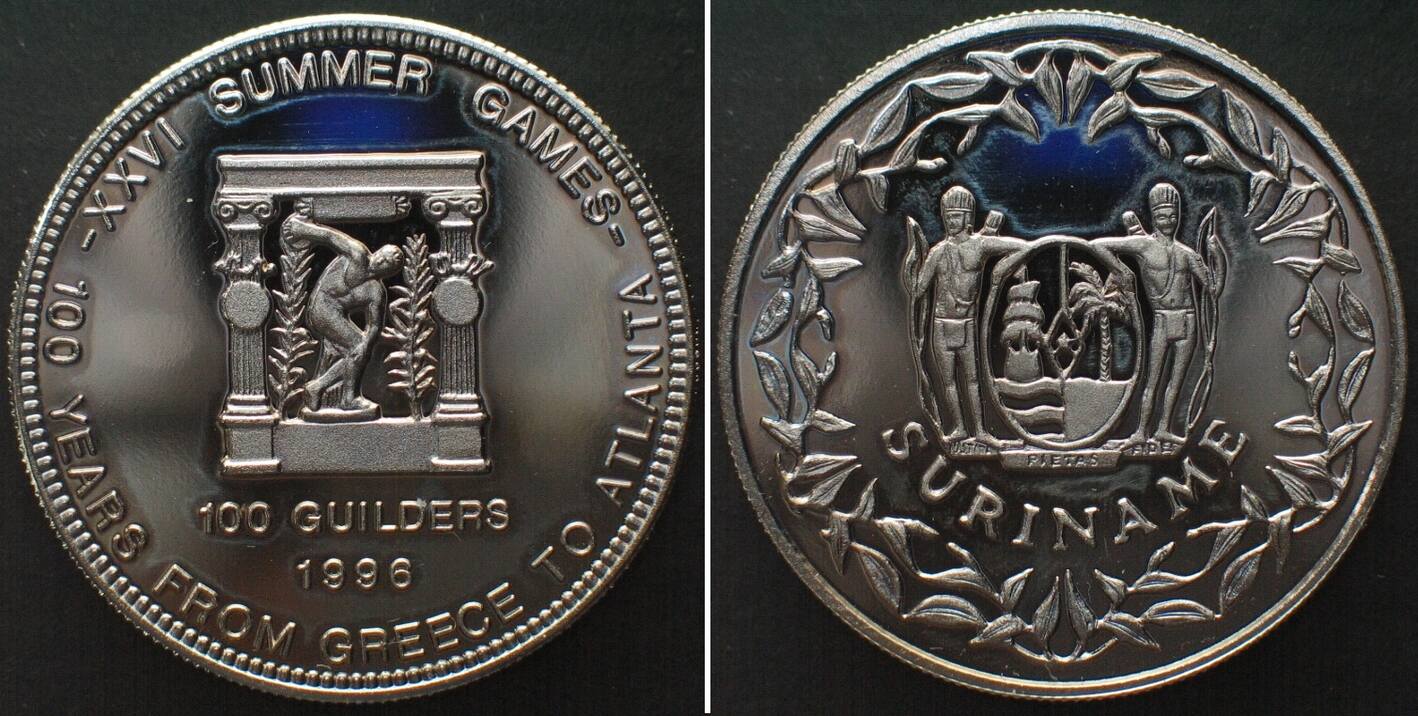 SURINAME 100 Guilders 1996 OLYMPISCHE SPIELE DISCOBOLOS Ku-Ni SELTEN ...