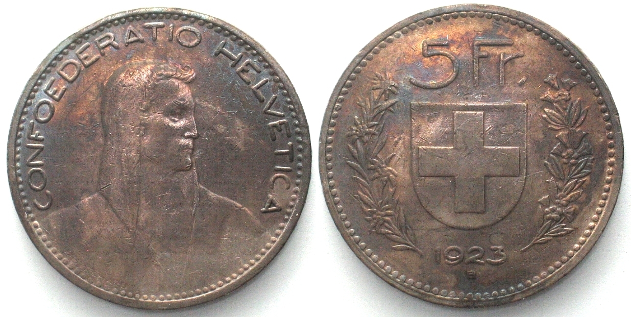 Schweiz EIDGENOSSENSCHAFT 5 Franken 1923 B ALPHIRTE Silber ERHALTUNG! vz+ | MA-Shops