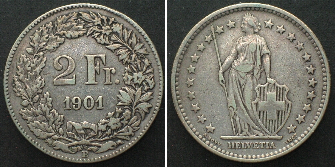 Schweiz EIDGENOSSENSCHAFT 2 Franken 1901 Silber SELTENES JAHR! ss+ | MA-Shops