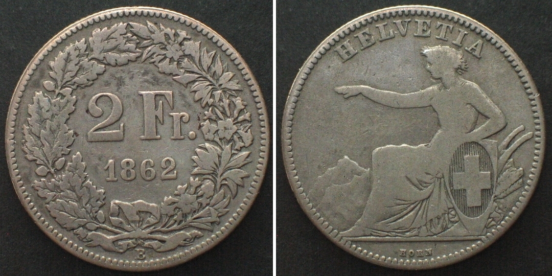 Schweiz EIDGENOSSENSCHAFT 2 Franken 1862 B, SITZENDE HELVETIA, Silber f.ss | MA-Shops