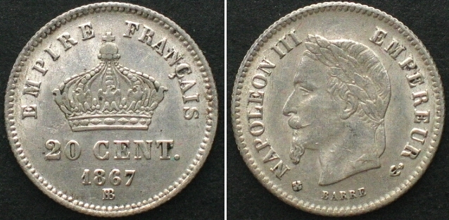 FRANKREICH 20 Centimes 1867 BB, Strassburg, NAPOLEON III. Silber ERHALTUNG! vz+ | MA-Shops