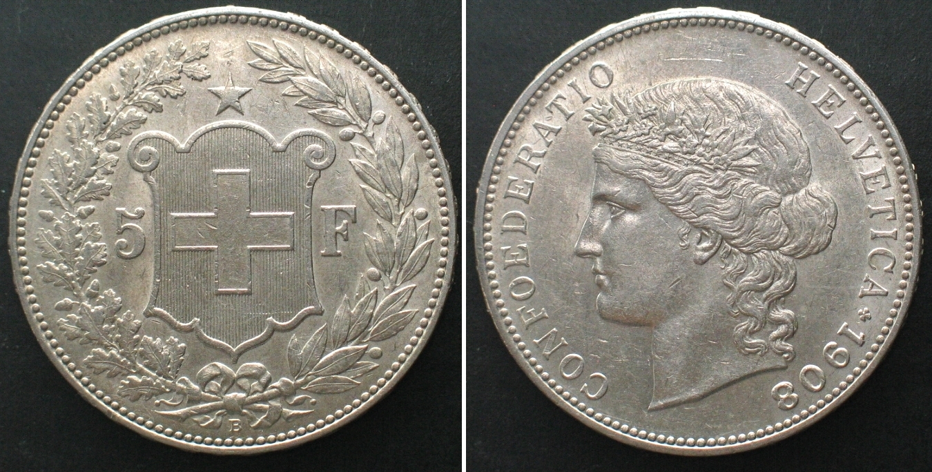 Schweiz EIDGENOSSENSCHAFT 5 Franken 1908 FRAUENKOPF Silber ERSTABSCHLAG, RAR!!! | MA-Shops