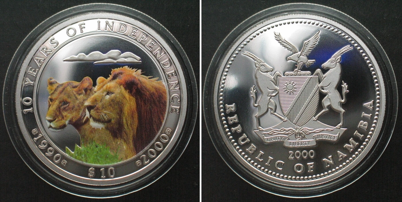 NAMIBIA 10 Dollars 2000 Löwen 10 J. UNABHÄNGIGKEIT Silber Farbe SELTEN ...