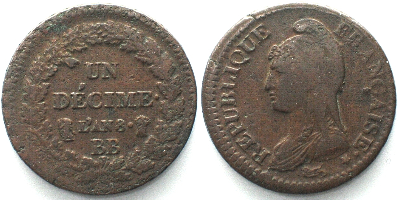 FRANKREICH Decime An 8 (1799-1800) BB - STRASSBURG Bronze ERHALTUNG! ss ...
