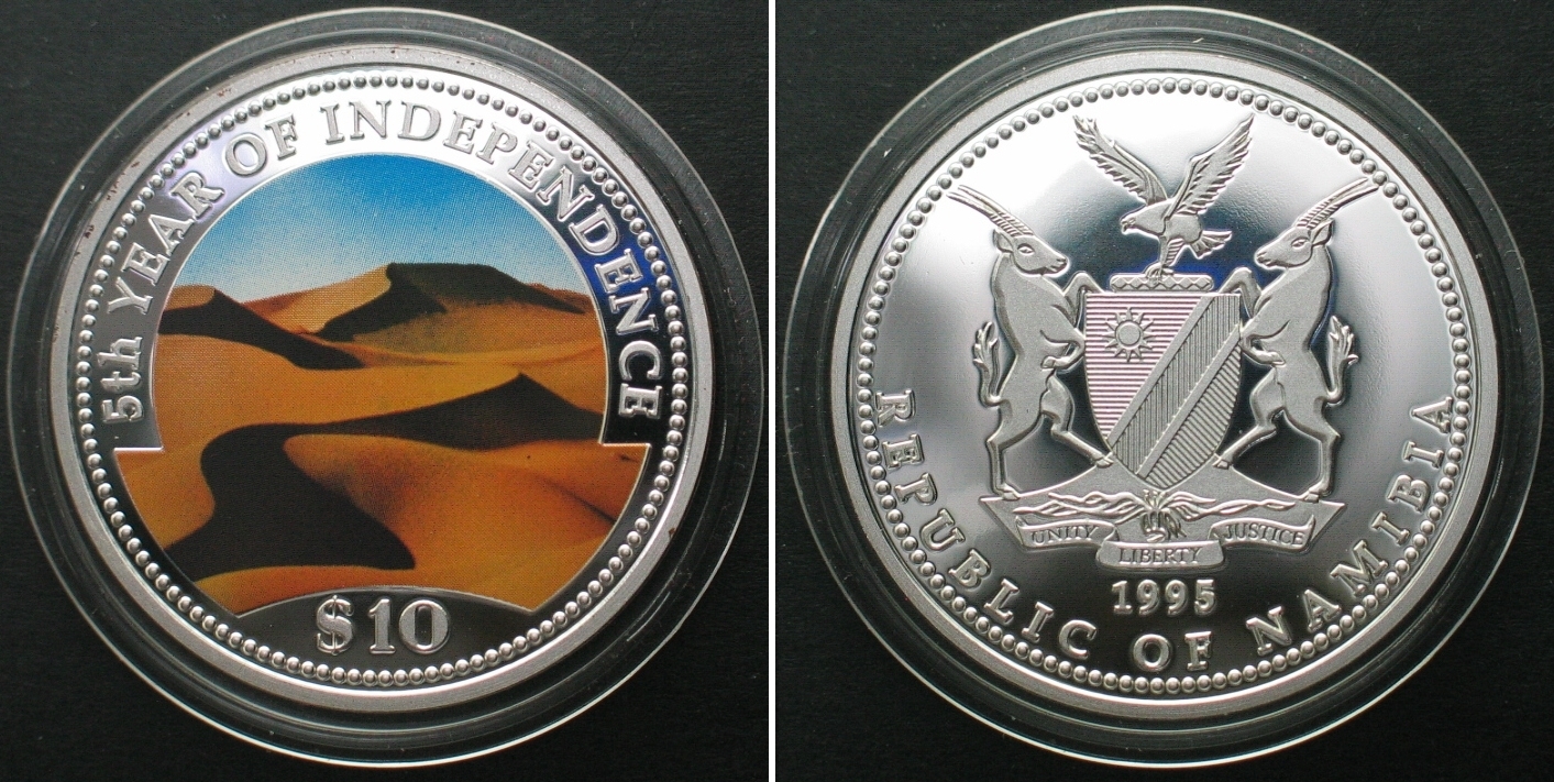NAMIBIA 10 Dollars 1995 Wüste, 5. JAHR DER UNABHÄNGIGKEIT Silber FARBE ...