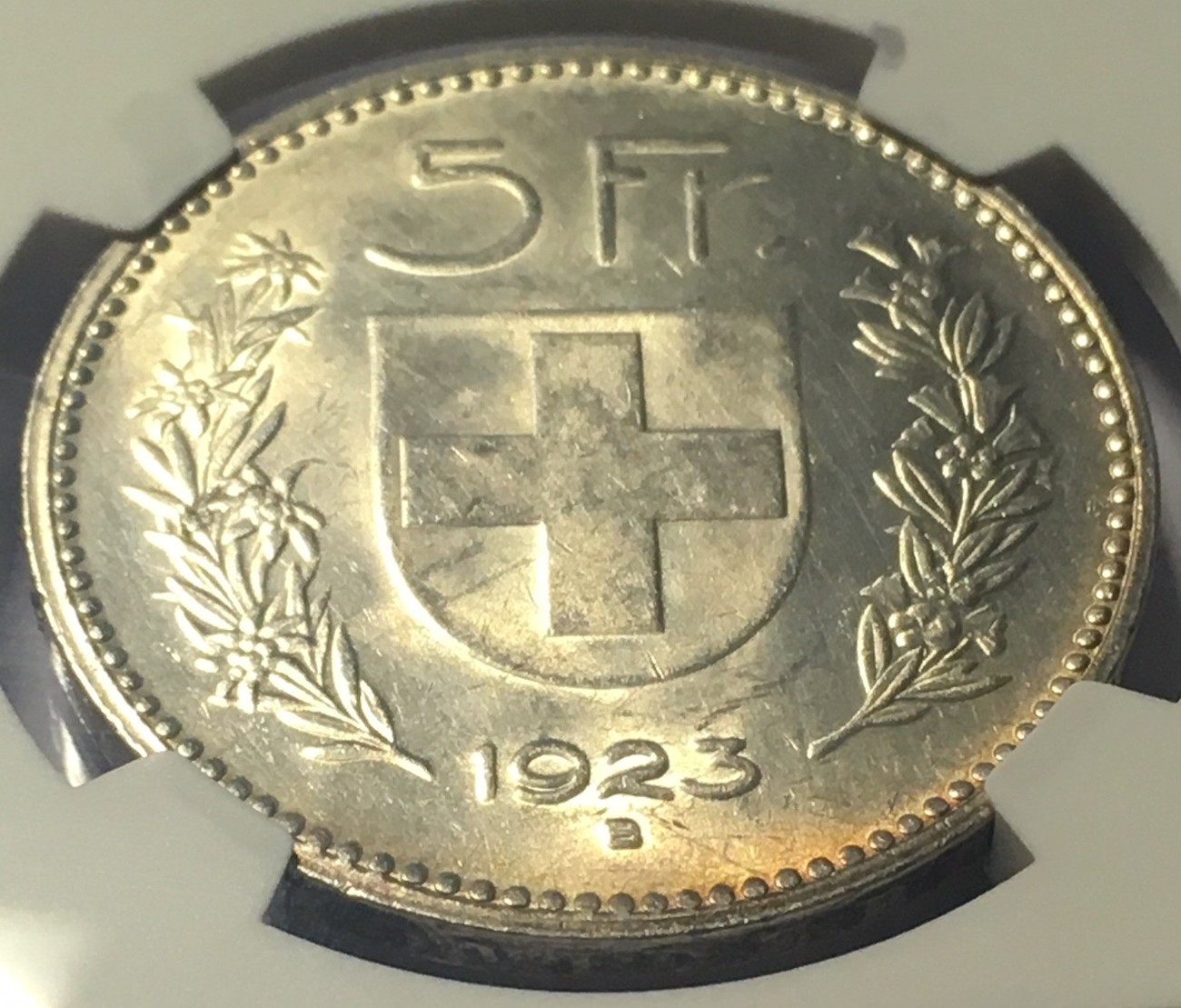 Schweiz 5F 1923B EIDGENOSSENSCHAFT 5 Franken 1923 B ALPHIRTE Silber PRACHTSTÜCK!!! # 32237 NGC ...