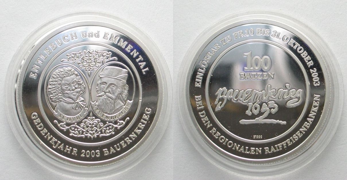 Schweiz - Bern ENTLEBUCH & EMMENTAL 10 Franken (100 Batzen) 2003 ...