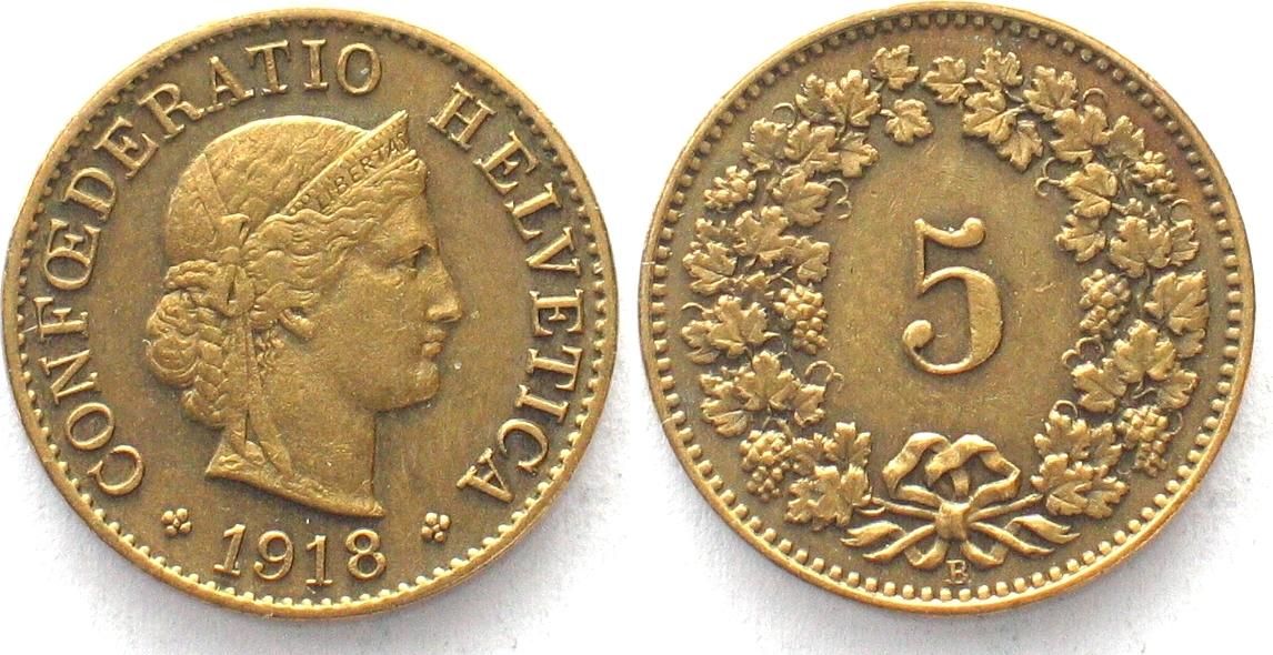 Schweiz EIDGENOSSENSCHAFT 5 Rappen 1918 Messing ERHALTUNG! vz | MA-Shops