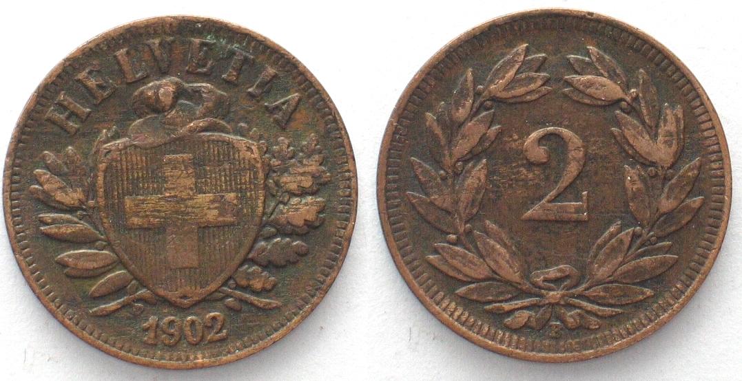 Schweiz EIDGENOSSENSCHAFT 2 Rappen 1902 Bronze SEHR SELTENES JAHR! ss+ | MA-Shops