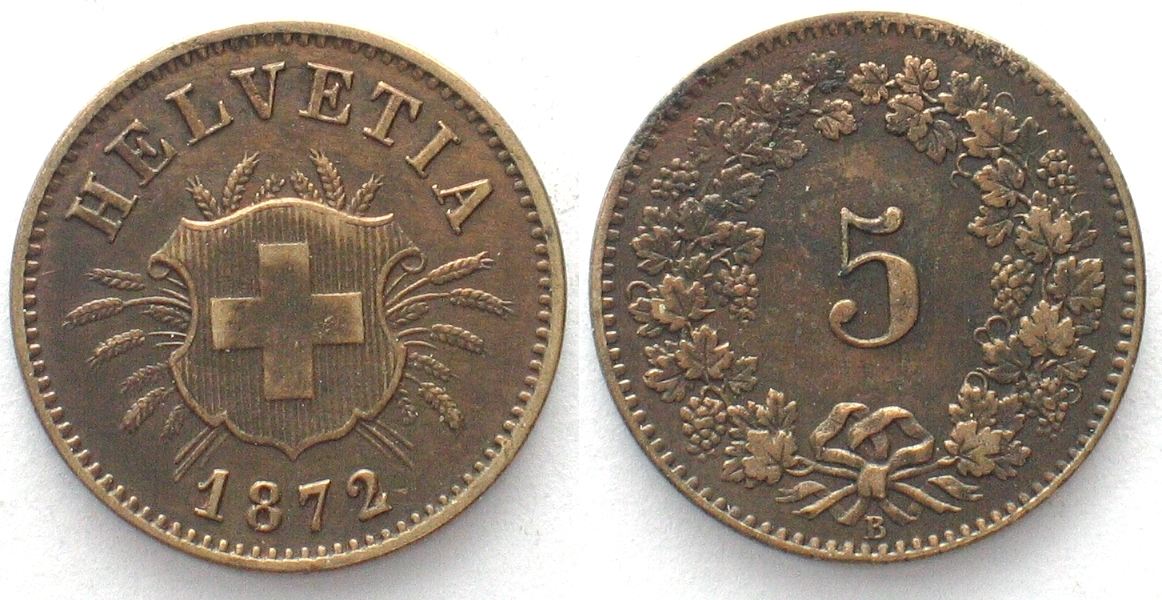 Schweiz EIDGENOSSENSCHAFT 5 Rappen 1872 Billon SELTEN! vz | MA-Shops