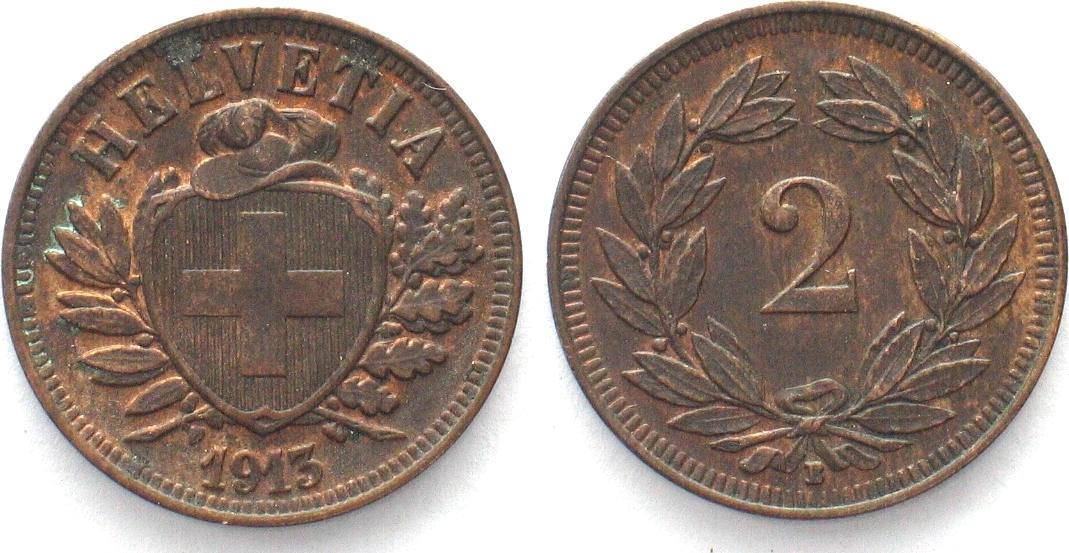 Schweiz EIDGENOSSENSCHAFT 2 Rappen 1913 Bronze ERHALTUNG! f.unz | MA-Shops