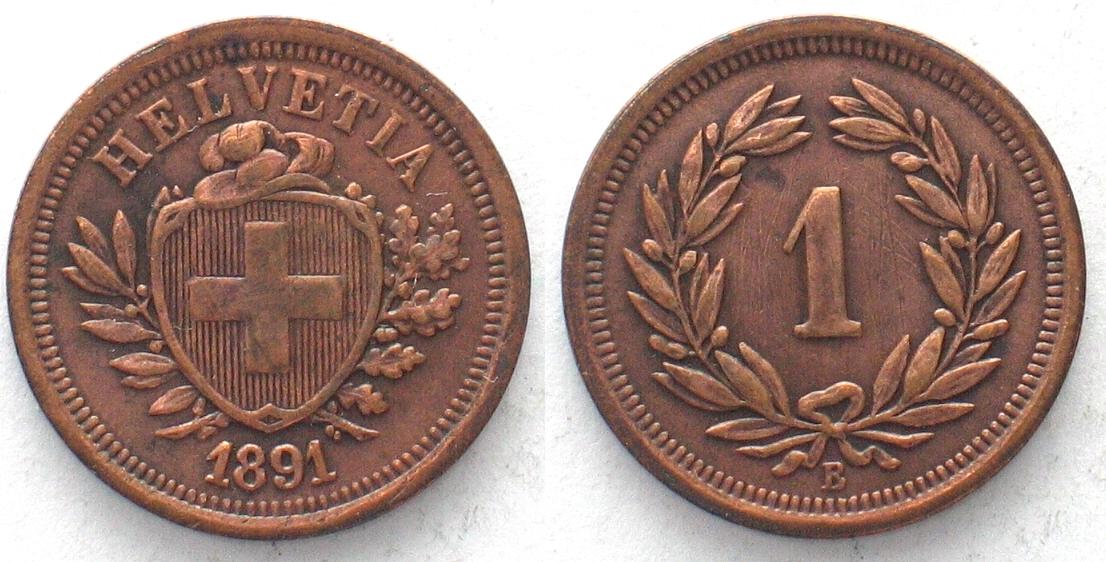 Schweiz EIDGENOSSENSCHAFT 1 Rappen 1891 SCHMALES KREUZ Bronze SELTENES JAHR! ss+ | MA-Shops