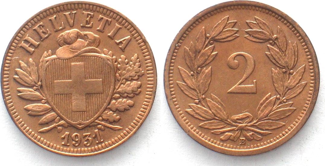 Schweiz EIDGENOSSENSCHAFT 2 Rappen 1931 Bronze ERHALTUNG! f.unz | MA-Shops
