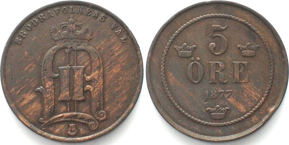 SCHWEDEN 5 Öre 1877 OSCAR II. Bronze SELTENER JAHRGANG! ss-vz | MA-Shops