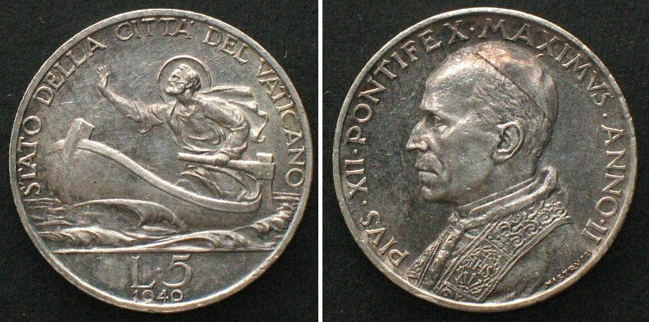 VATIKAN 5 Lire 1940 A.II, St. Peter im Boot, PIUS XII. Silber ERHALTUNG! unz- | MA-Shops