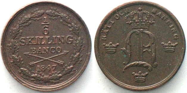 SCHWEDEN 1/6 Skilling Banco 1847, OSCAR I. Kupfer ERHALTUNG! unz- | MA ...