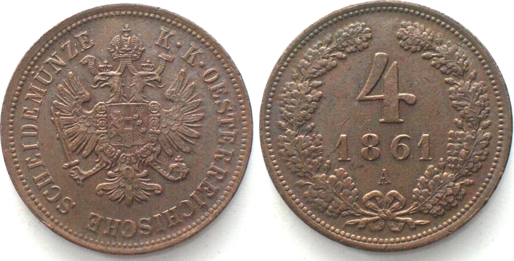 Haus Habsburg ÖSTERREICH K.u.K. 4 Kreuzer 1861 A, FRANZ JOSEPH I ...