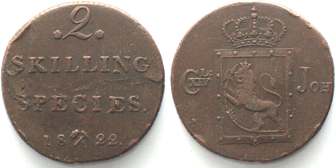 NORWEGEN 2 Skilling 1822 KARL XIV. JOHAN Kupfer ss-vz | MA-Shops