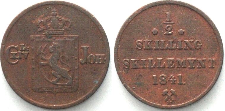 NORWEGEN 1/2 Skilling 1841, KARL XIV. JOHAN, Kupfer ERHALTUNG! f.vz ...