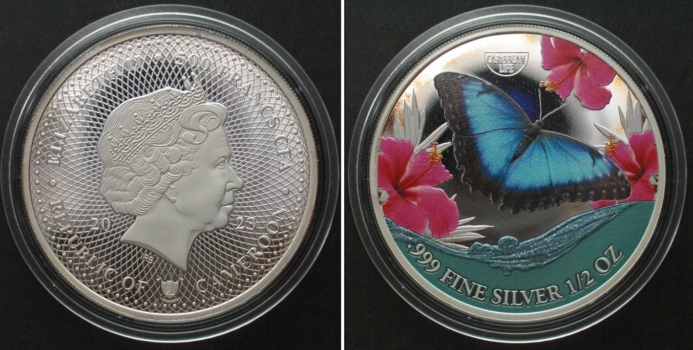 KAMERUN 500 Francs 2023 Blauer Morphofalter CARIBBEAN LIFE Silber ...